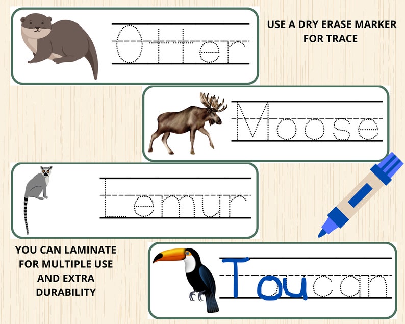 Zoo Animals Word Tracing Cards,zoo Animals Words Tracing,zoo Montessori ...