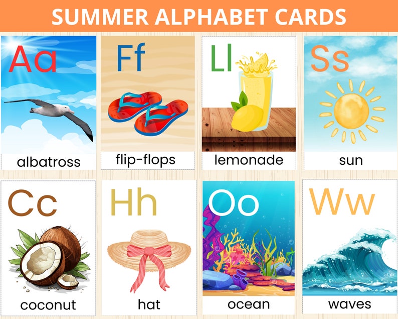 Summer Alphabet Cards,summer Flashcards,summer Montessori,educational ...