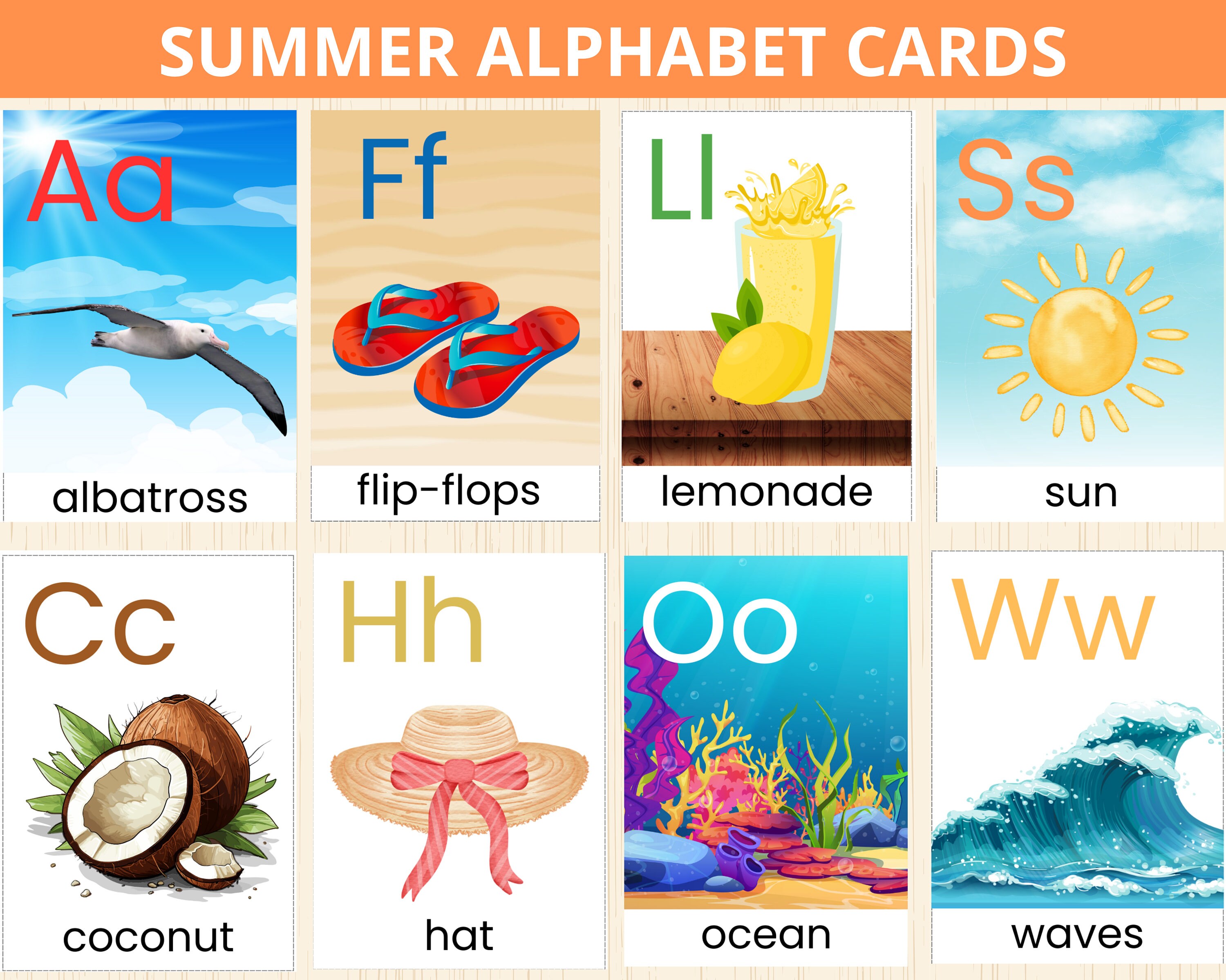 Summer Alphabet Cards,summer Flashcards,summer Montessori,educational ...