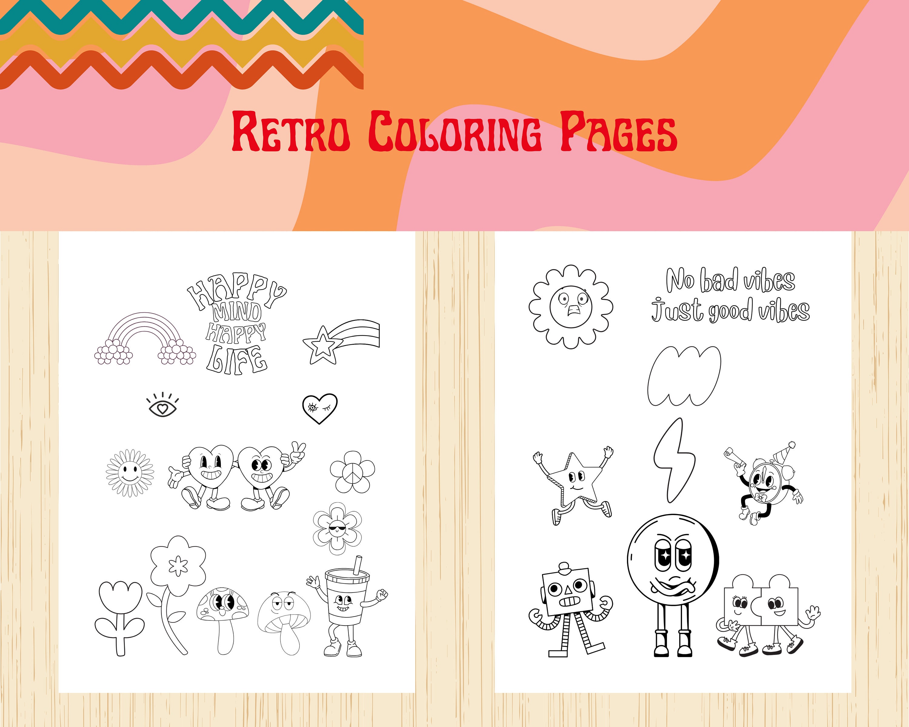 Groovy Colouring Pages Positive Coloring Pagesretro Coloring Etsy