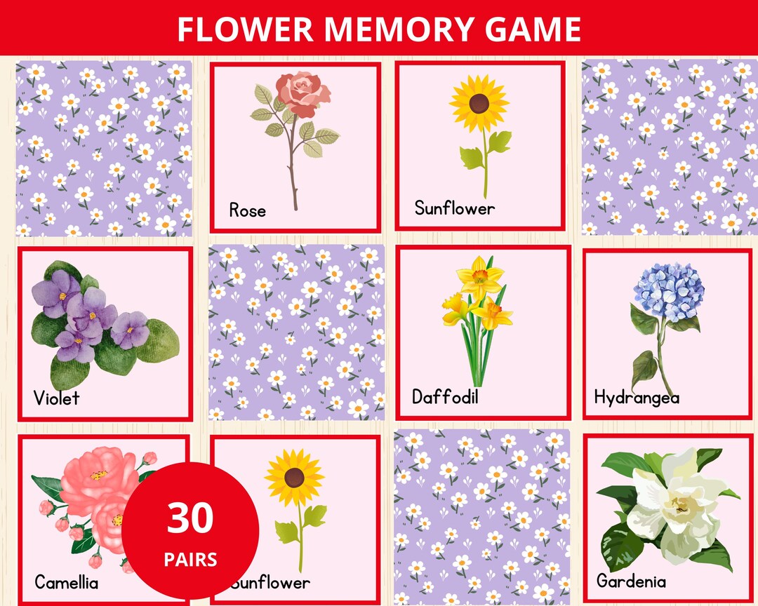 Flowers Memory Game,spring Matching Activity,spring Party Game,flower ...