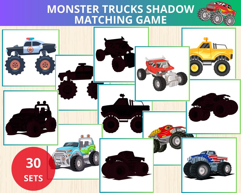 Monster Truck Shadow Matching Card,vehicles Montessori,transport ...