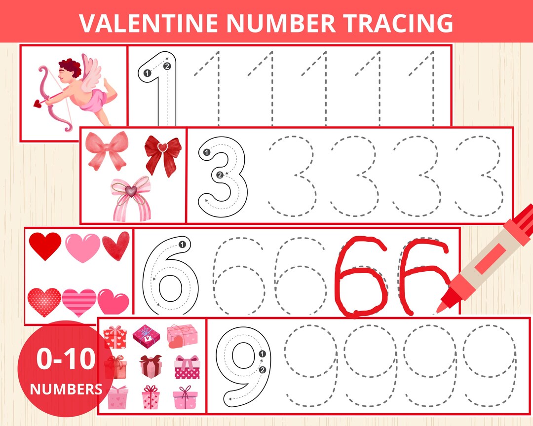 Valentine Number Tracing,valentine's Day Number Worksheets,numbers ...