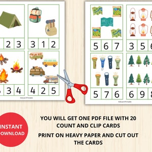 Camping Count and Clip Cards,numbers 1-20,camping Flashcards,summer ...