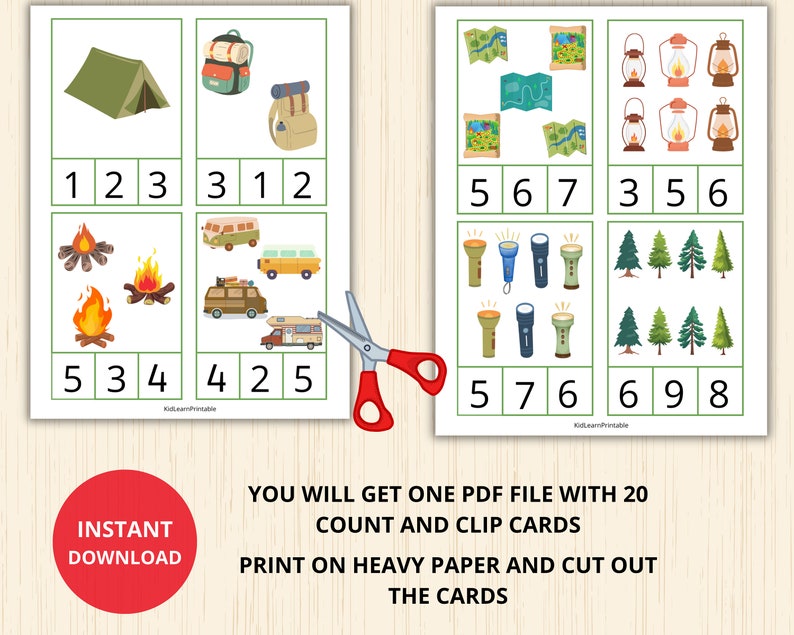 Camping Count and Clip Cards,numbers 1-20,camping Flashcards,summer ...