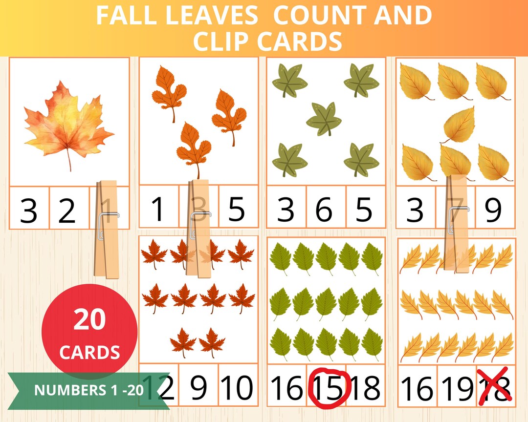 Leaf Math Activity,autumn Count and Clip Card,montessori Fall,autumn ...