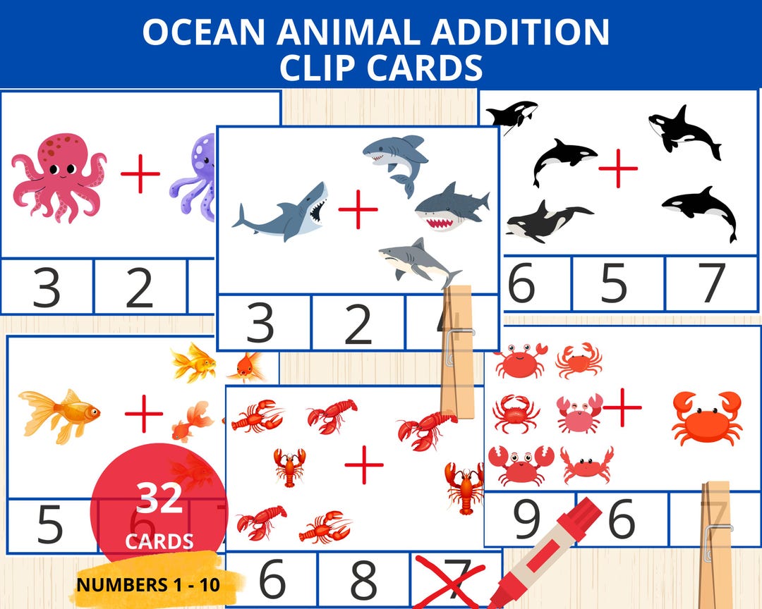 Ocean Addition Clip Cards,ocean Animal Addition Worksheet,addition ...