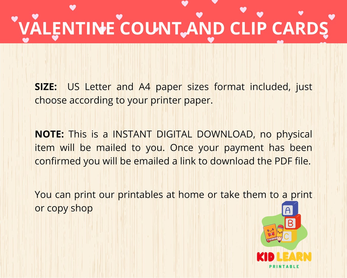 Valentine Count and Clip Cards,valentine's Day, Preschool Activity ...