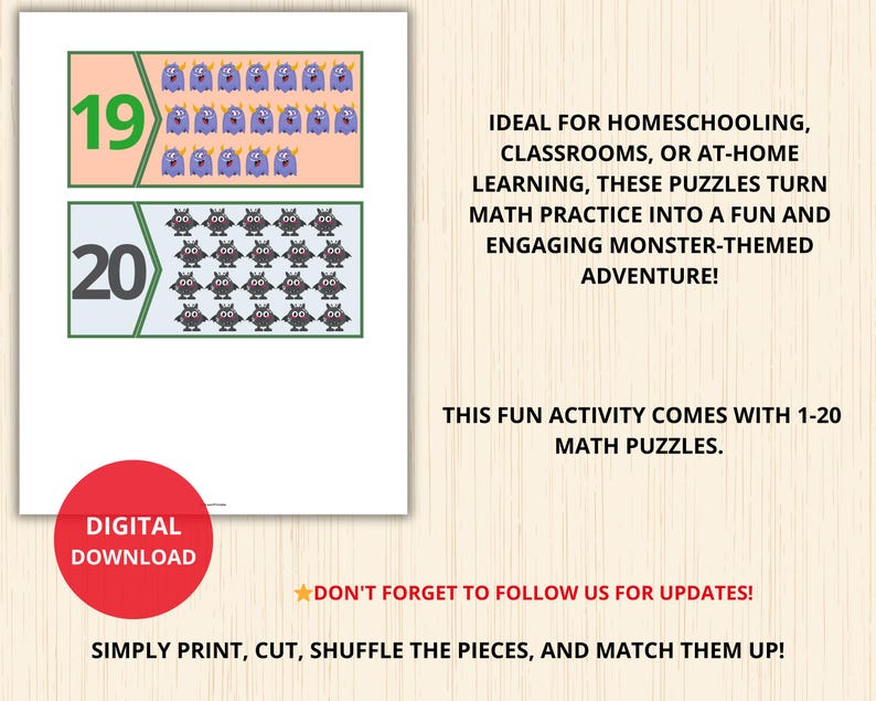 Monster Number Matching Activity,monster Number Match Puzzle,monster ...