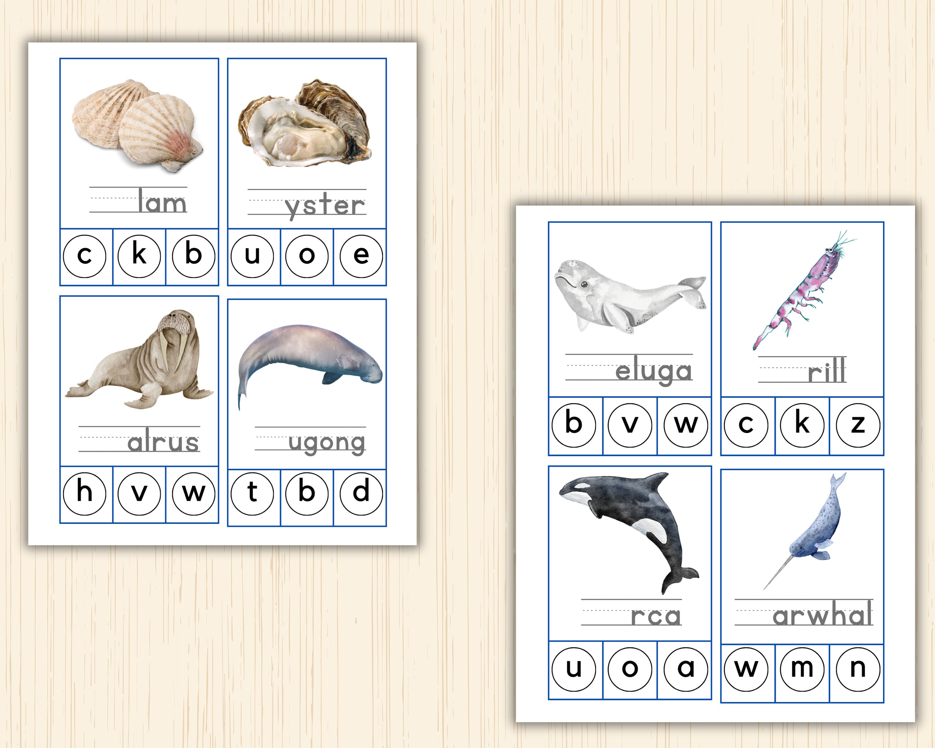 Ocean Animal Phonics Clip Cards, Beginning Sound Activity, Sea Animals ...