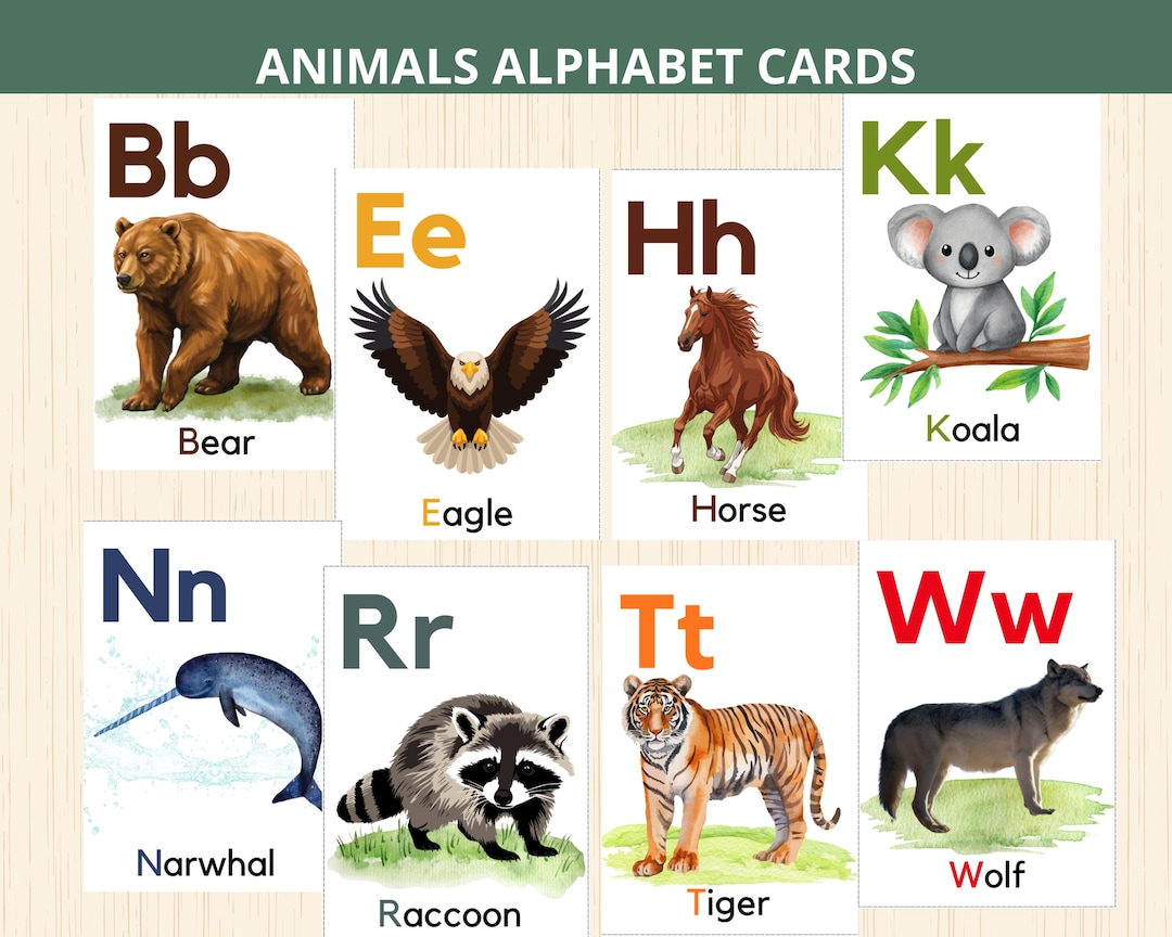 Animals Alphabet Cards,animal Abc Cards,alphabet Flashcards Kids,animal ...