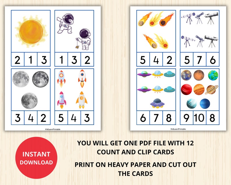 Space Count and Clip Cards,outer Space Activity,numbers 1-10,preschool ...