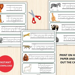 Zoo Animals Word Tracing Cards,zoo Animals Words Tracing,zoo Montessori ...