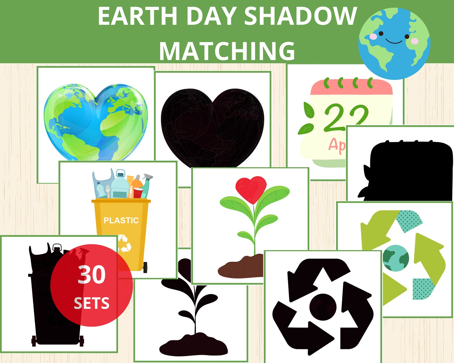 Earth Day Shadow Matching Cards, Earth Day Flashcards,environmental ...
