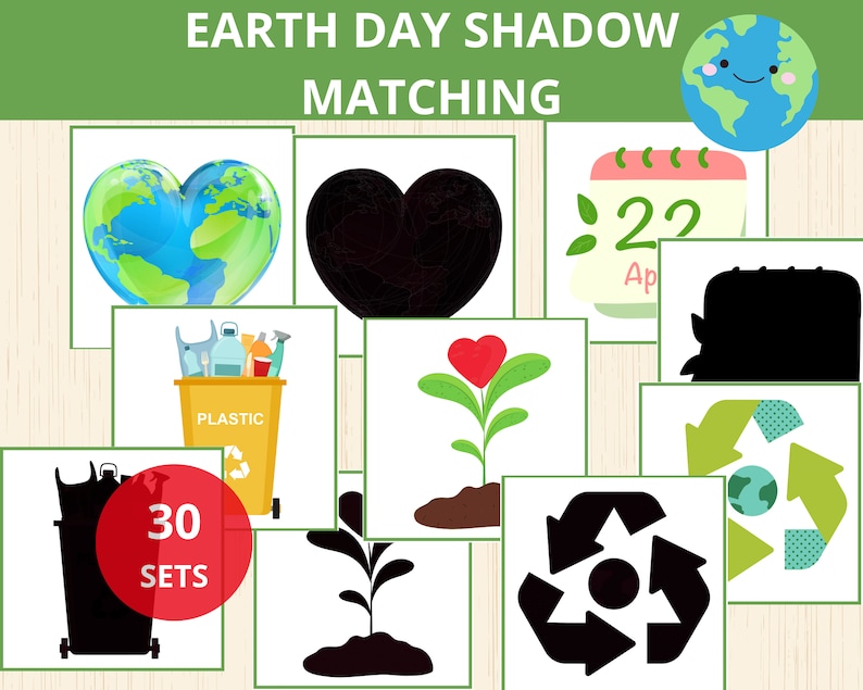 Earth Day Shadow Matching Cards, Earth Day Flashcards,environmental ...