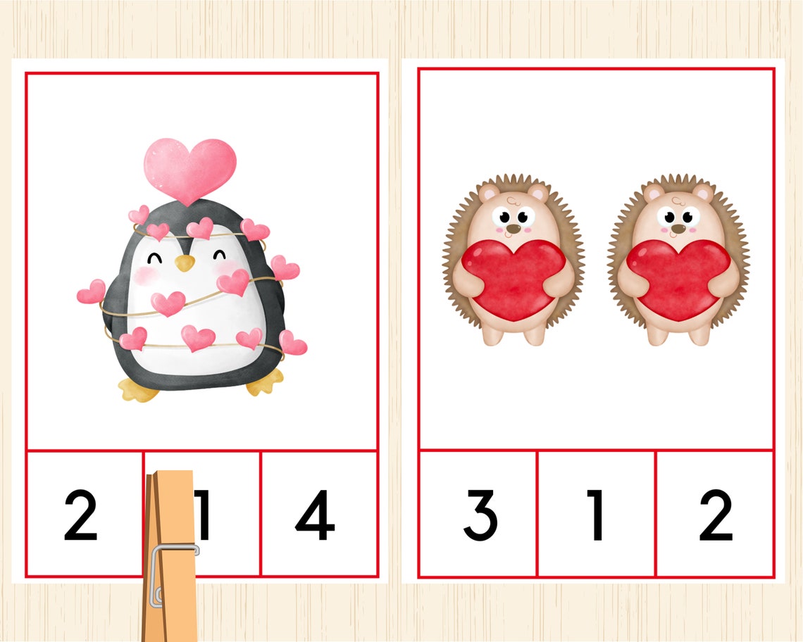 Valentine Count and Clip Cards,valentine's Day, Preschool Activity ...