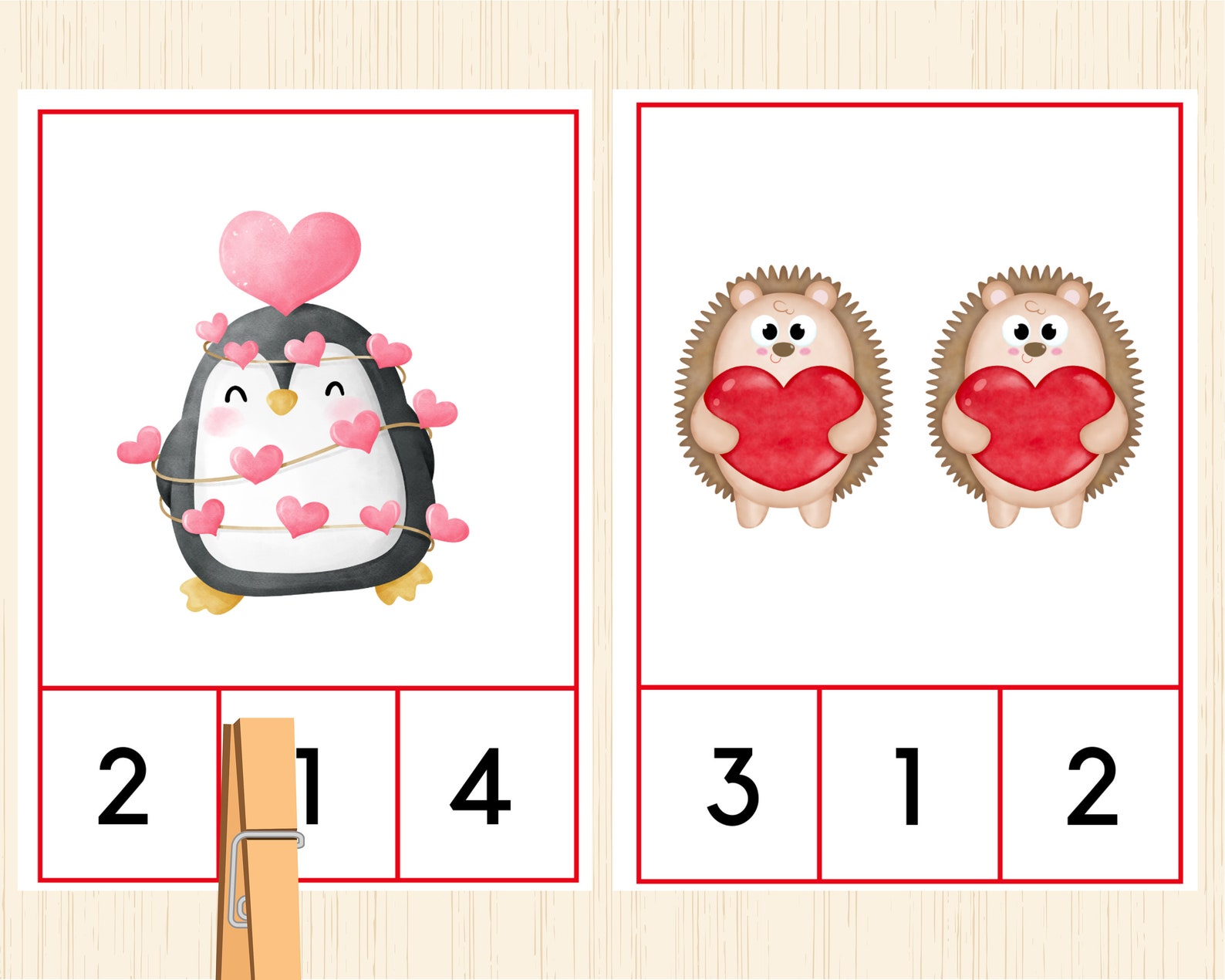 Valentine Count and Clip Cards,valentine's Day, Preschool Activity ...
