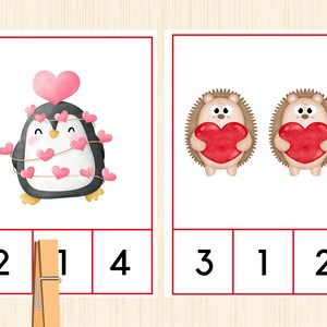 Valentine Count and Clip Cards,valentine's Day, Preschool Activity ...
