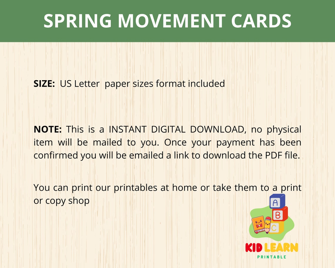 Spring Movement Cards, Kids Action Flashcards, Action Cards,montessori ...