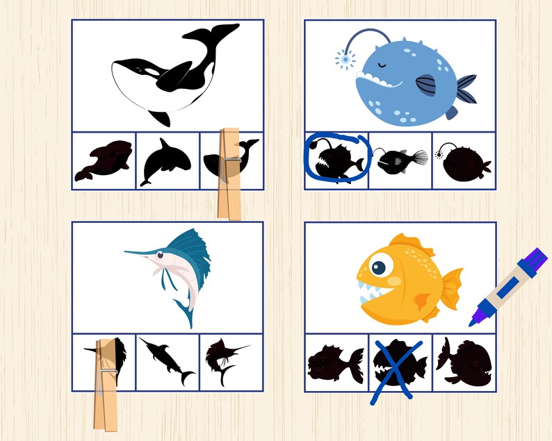 Ocean Animals Shadow Clip Cards,silhouette Matching,summer Matching ...