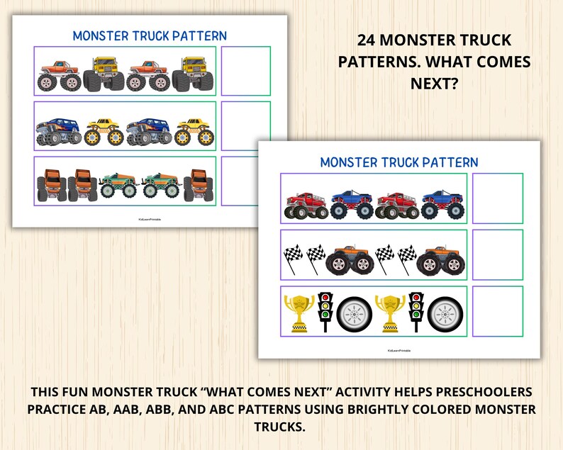 Monster Truck Patterns,what Comes Next Game,preschool Pattern Activity ...