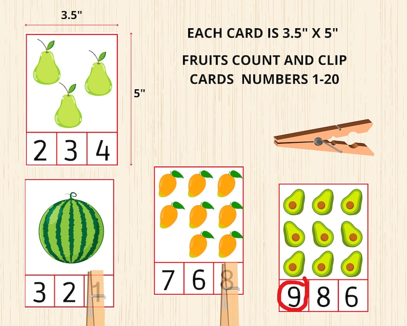 Fruit Count and Clip Cards,numbers 1-20,preschool Math,kindergarten ...