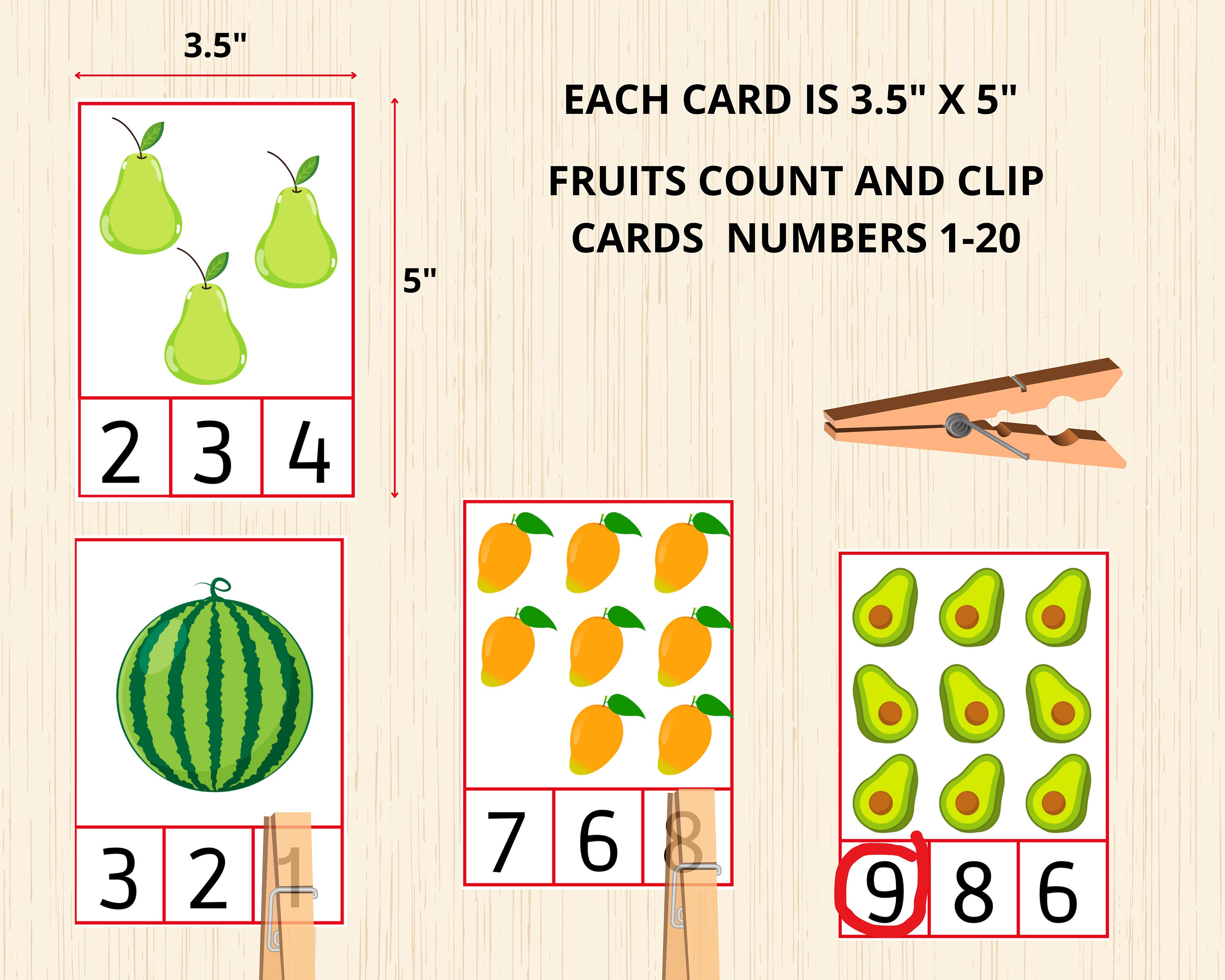 Fruit Count and Clip Cards,numbers 1-20,preschool Math,kindergarten ...
