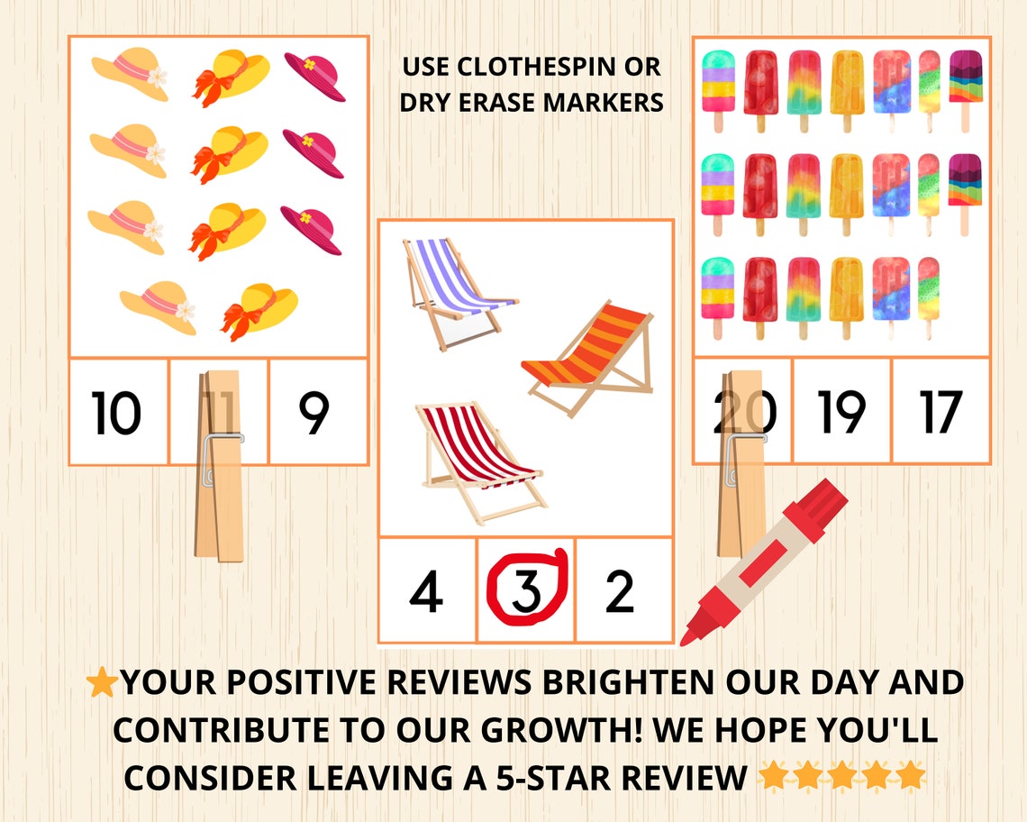 Summer Count and Clip Cards,numbers 1-20,preschool Math,kindergarten ...