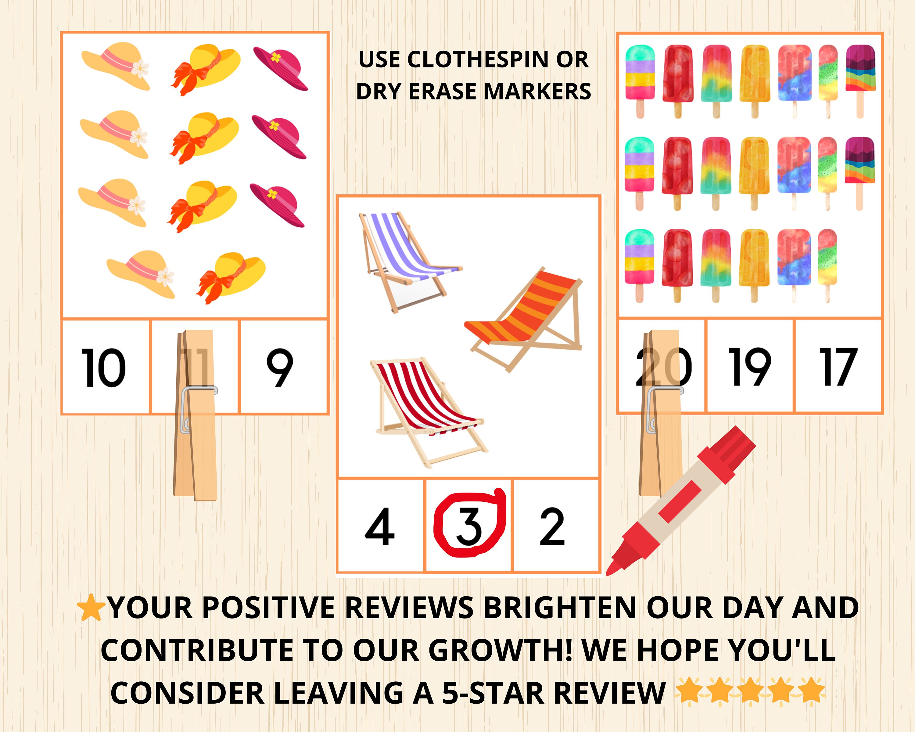 Summer Count and Clip Cards,numbers 1-20,preschool Math,kindergarten ...