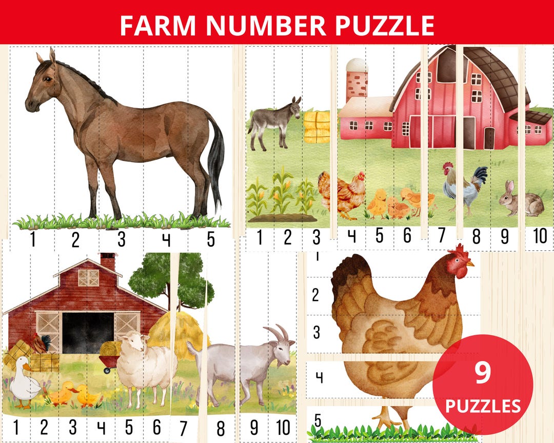 Farm Number Puzzle,farm Animal Number Sequence,farm Animal Montessori ...