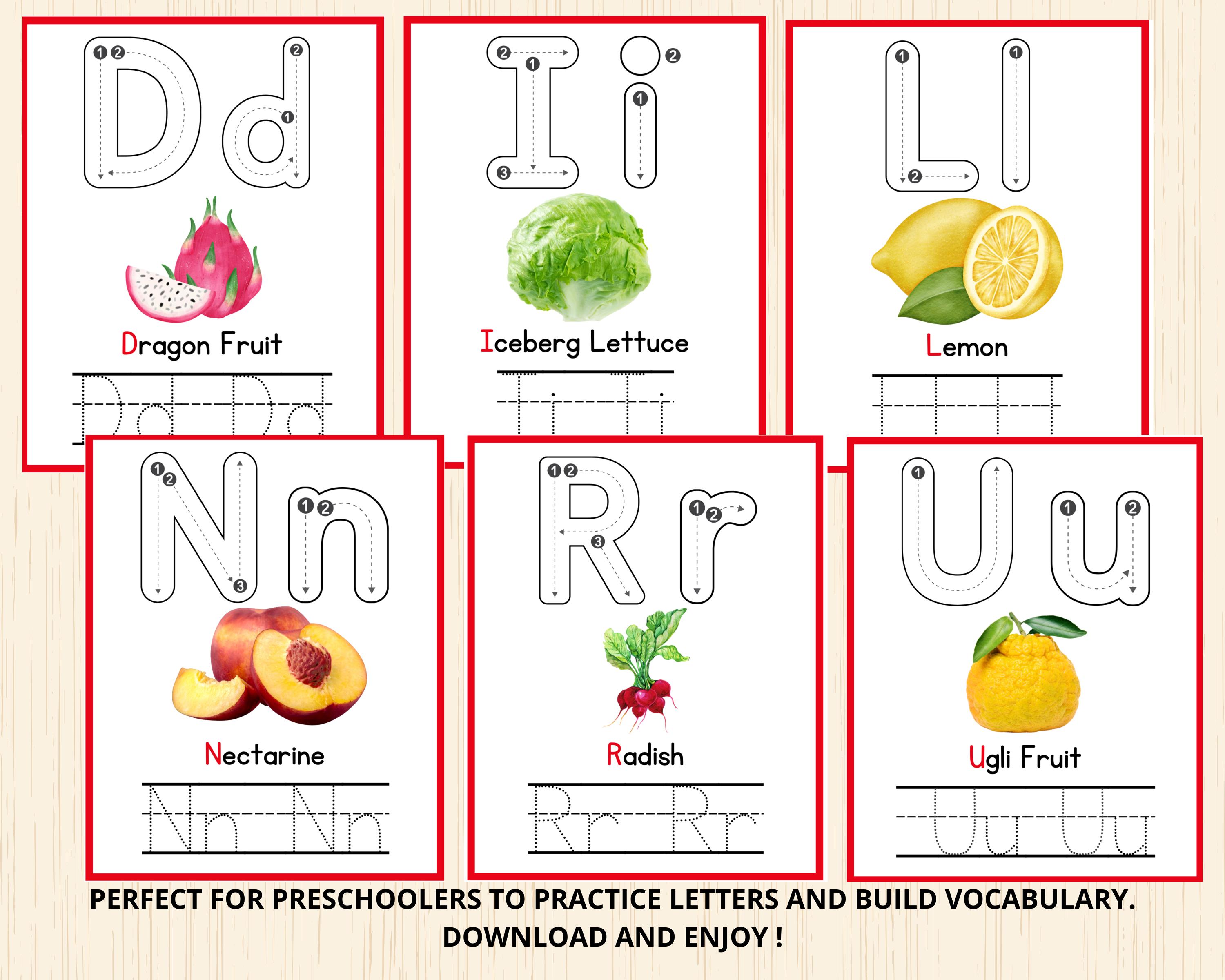 Fruit Alphabet Tracing Cards,alphabet Tracing Worksheets,fruits and ...