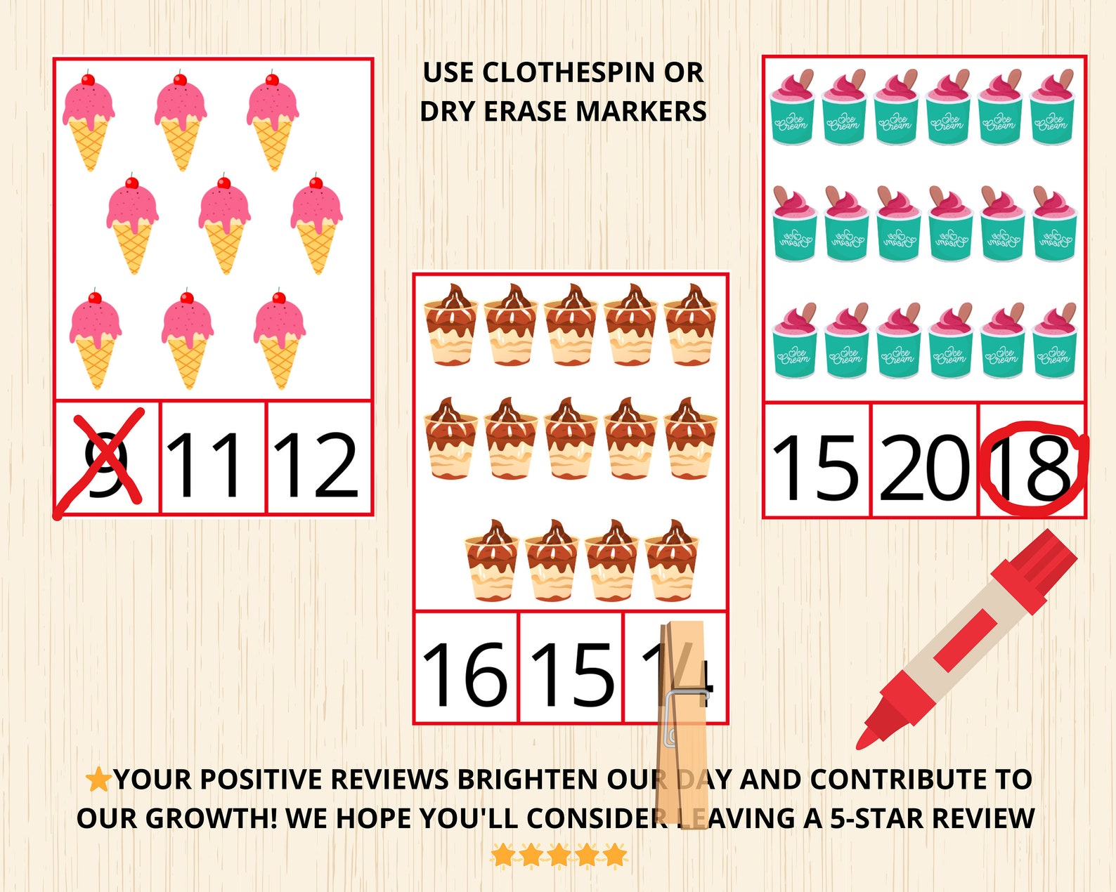 Ice Cream Count Clip Cards,numbers 1-20,preschool Math Center,counting ...