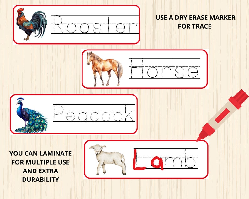 Farm Animals Word Tracing Cards,farm Words Tracing,farm Montessori,farm ...