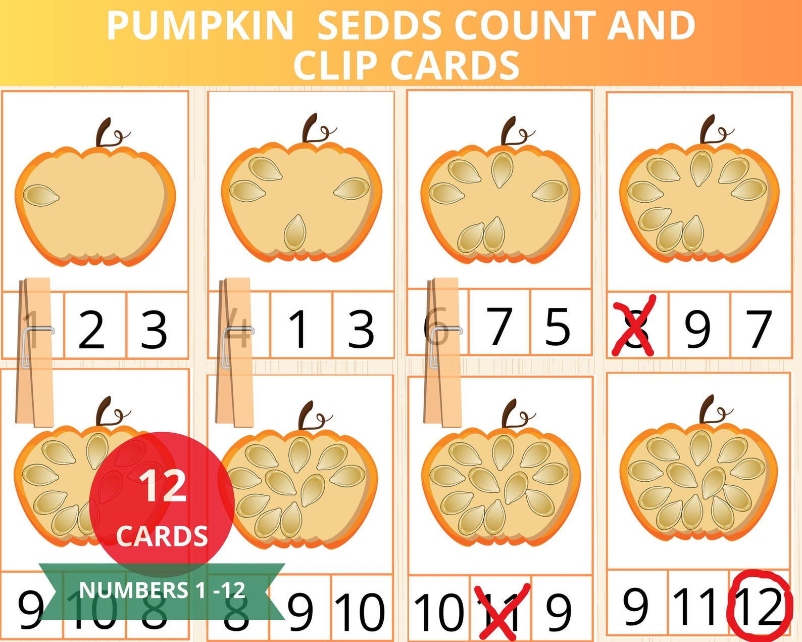 Pumpkin Seed Count and Clip Cards,pumpkin Counting Clip,kids Fall ...