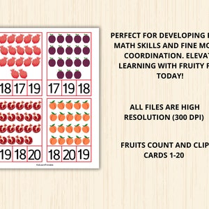 Fruit Count and Clip Cards,numbers 1-20,preschool Math,kindergarten ...