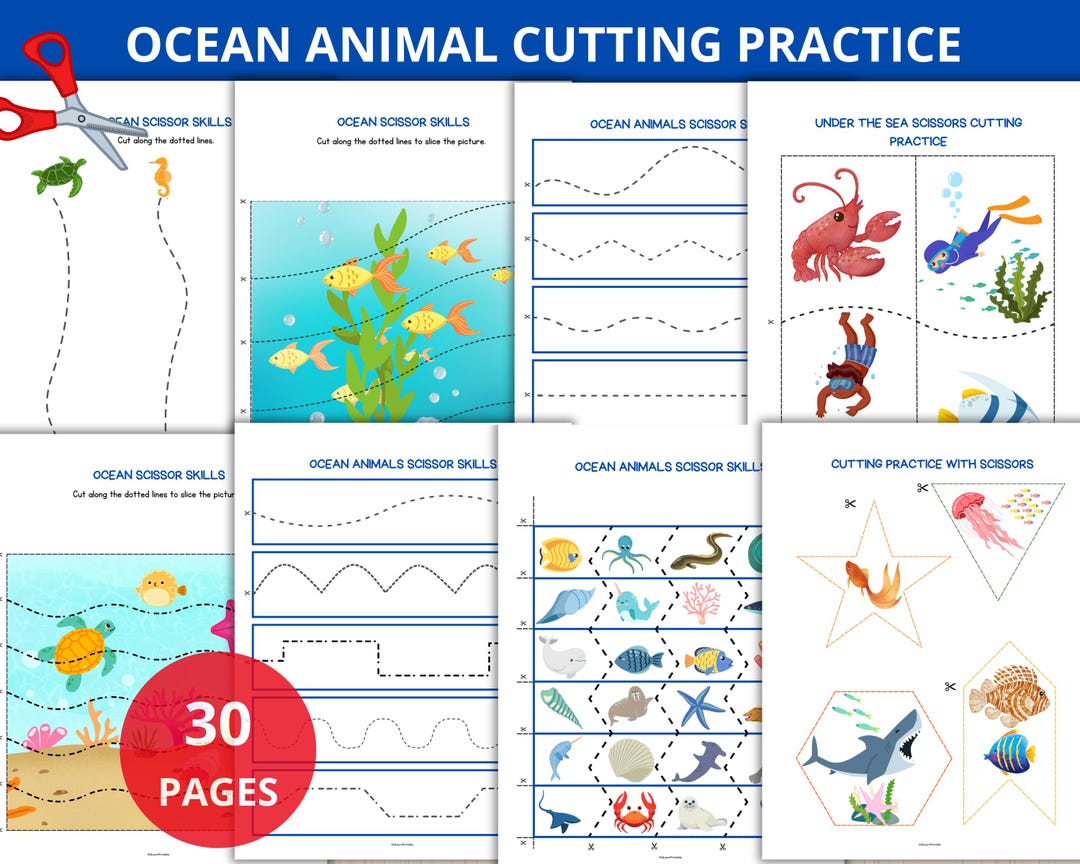 Ocean Animal Cutting Strips,cutting Practice Worksheets,sea Animal ...