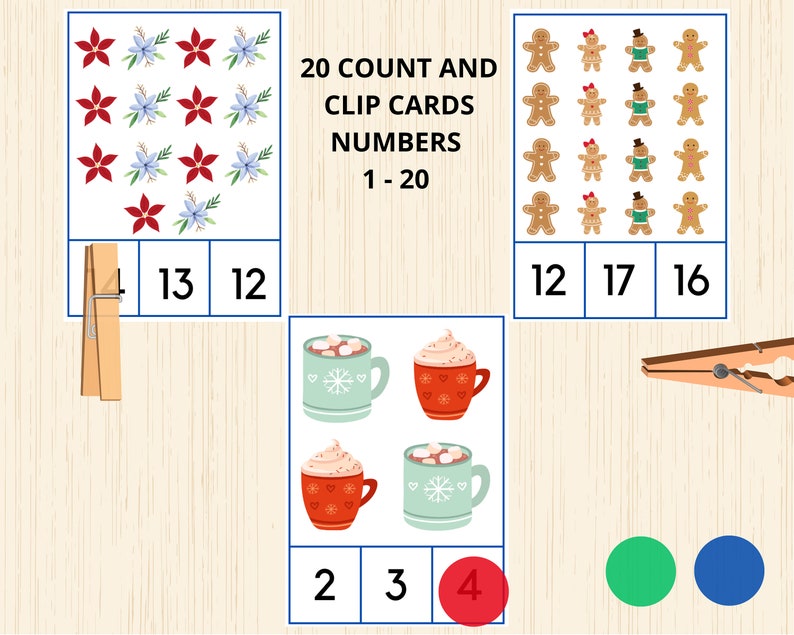 Winter Count and Clip Cards 1-20, Printable Preschool Math, Counting ...