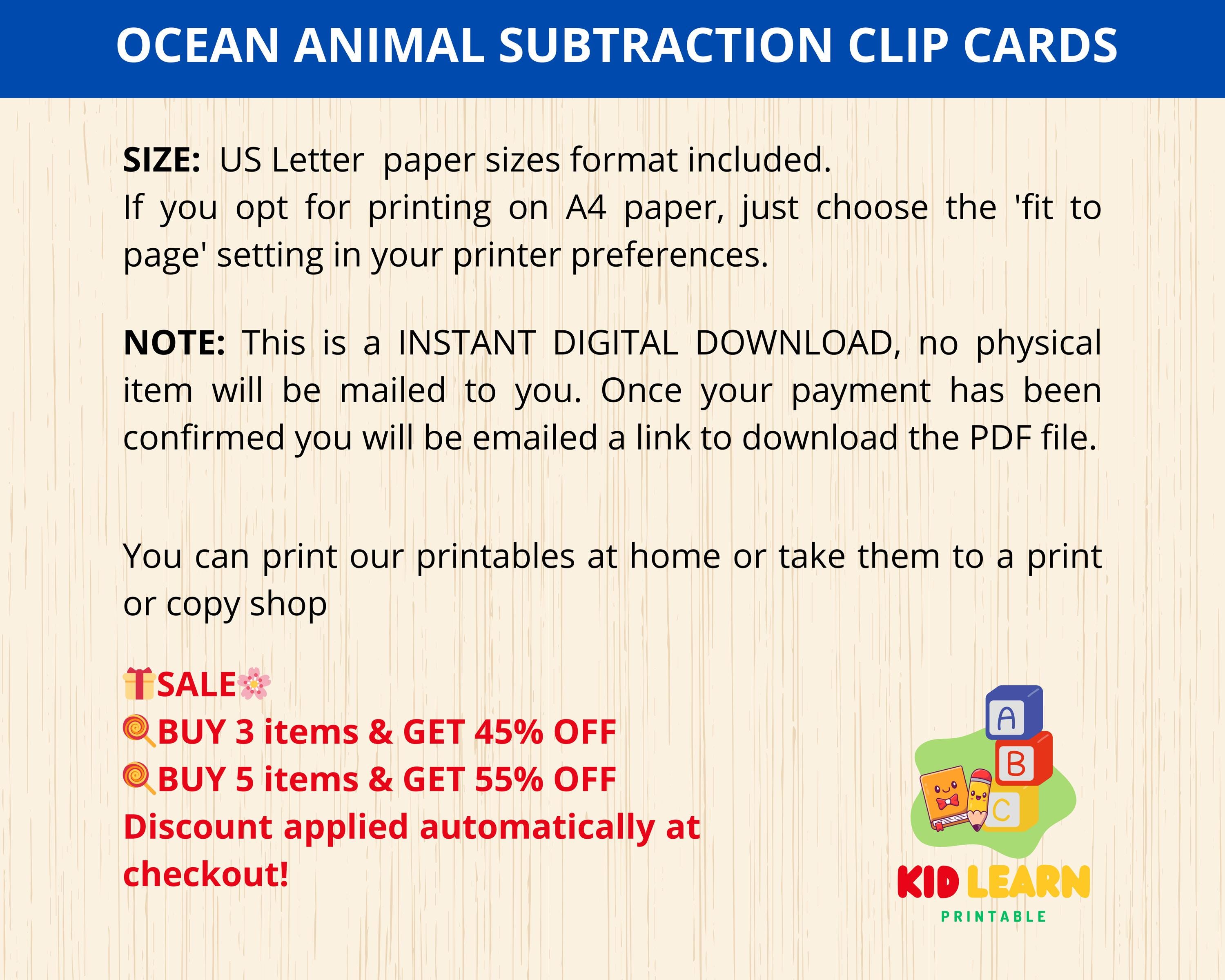 Ocean Animal Subtraction Clip Card,ocean Subtraction Cards,sea Animal ...