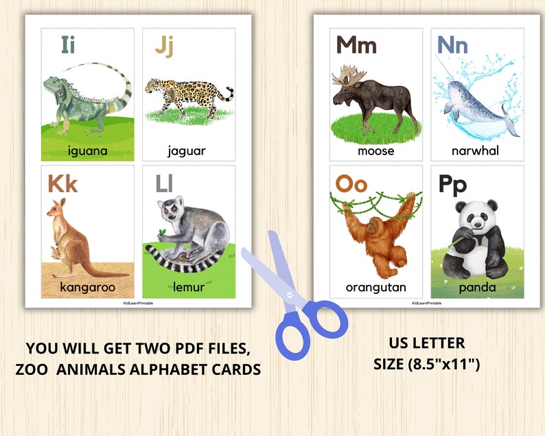 Zoo Animal Alphabet Cards,animals Flashcards,animals Montessori,safari ...