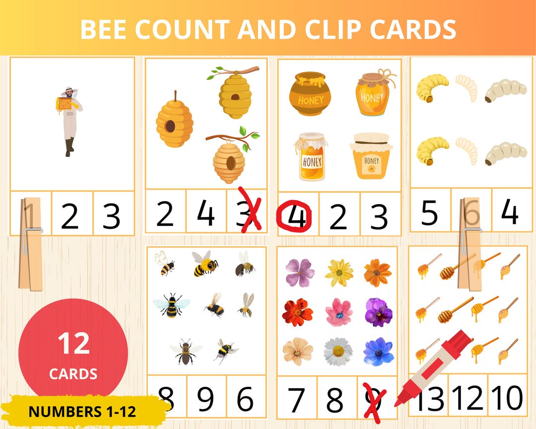 Honeybee Count and Clip Cards,bee Flashcards,bee Preschool,insect Math ...