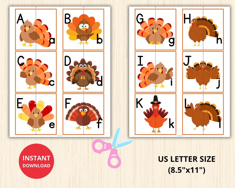 Turkey Alphabet Matching,turkey Alphabet Puzzle,fall ABC Matching Game ...