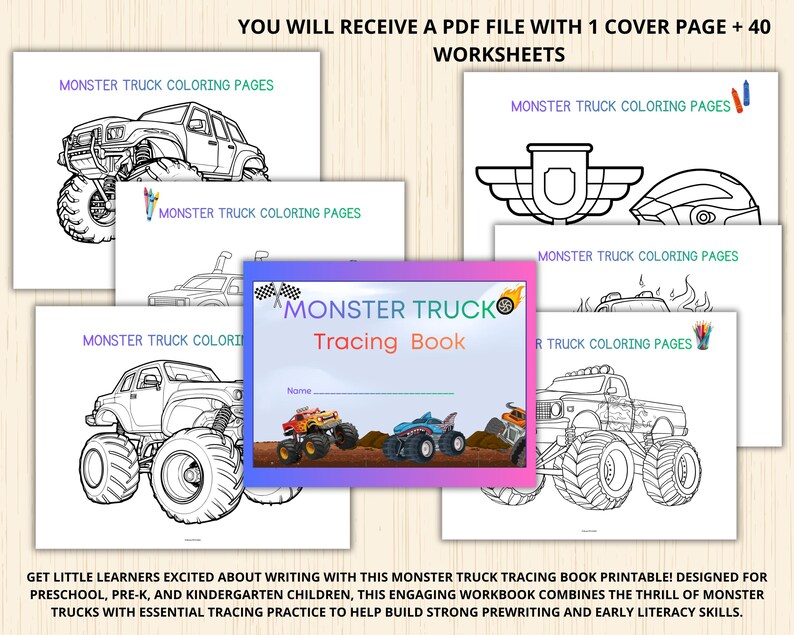 Monster Truck Tracing,preschool Tracing Activity,prewriting Worksheet ...