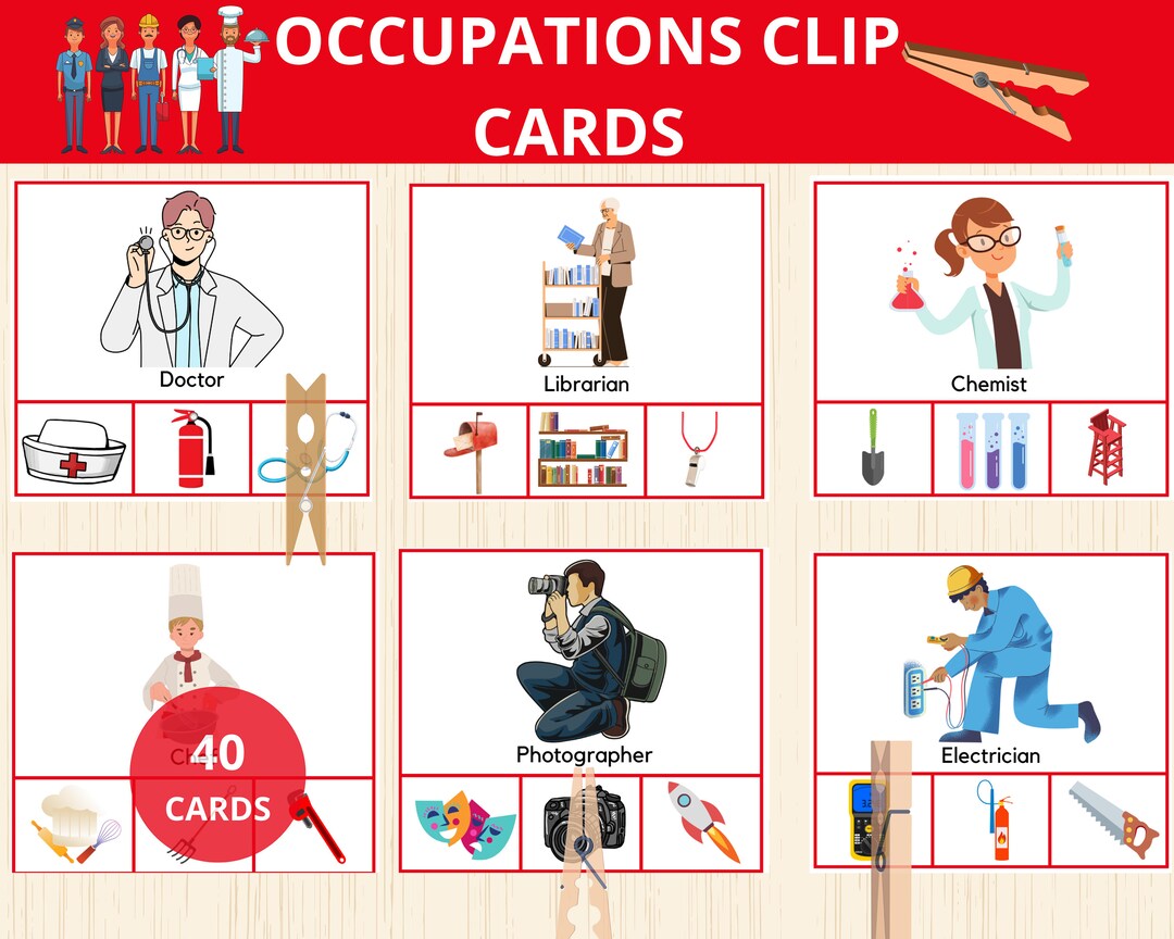 Occupations Cards,community Helpers Clip Card,professions Printable ...