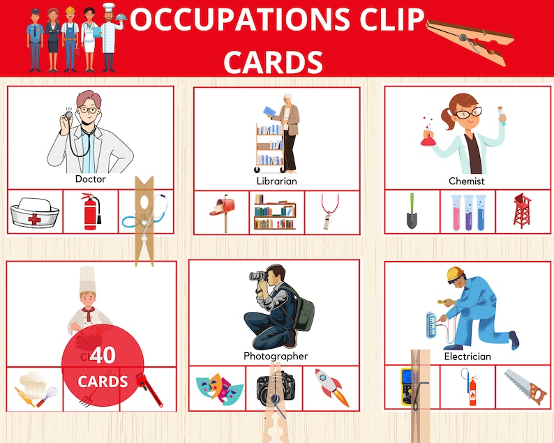 Occupations Cards,community Helpers Clip Card,professions Printable ...