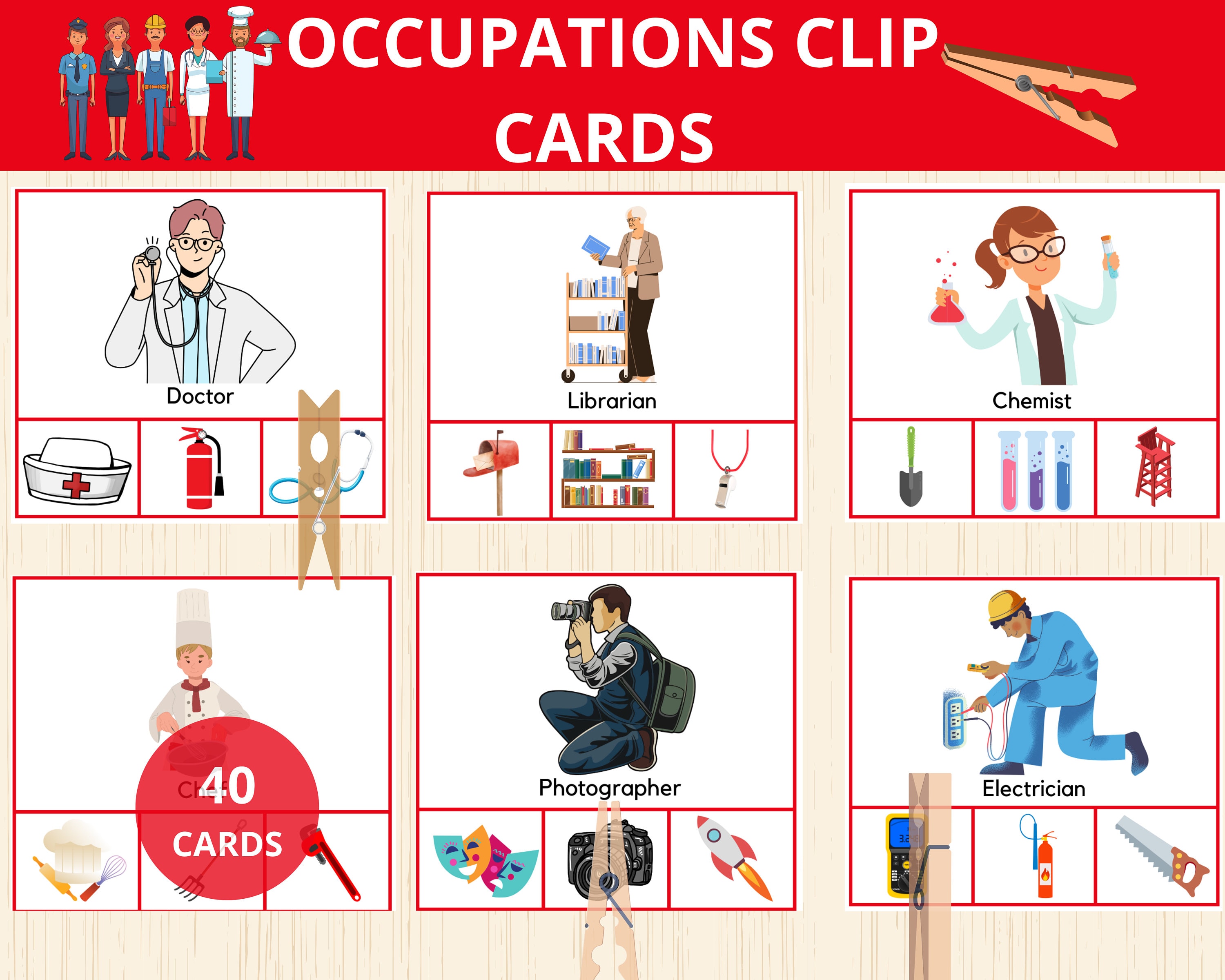 Occupations Cards,community Helpers Clip Card,professions Printable ...