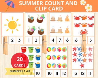 Summer Count and Clip Cards 1-20 (montessori Preschool Math Printable ...
