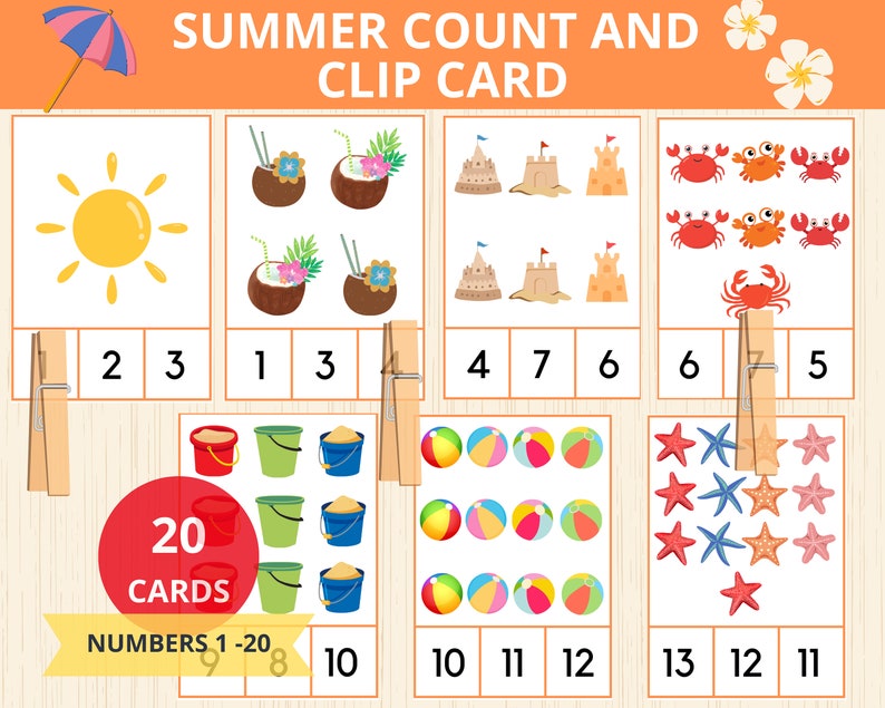 Summer Count and Clip Cards,numbers 1-20,preschool Math,kindergarten ...