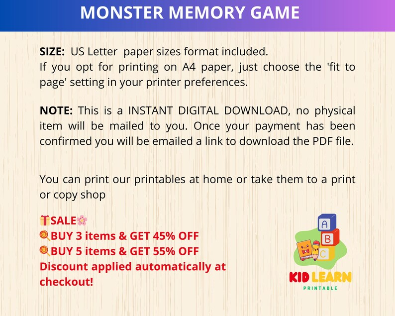 Monsters Memory Game for Kids,fun Monsters Matching Activity,memory ...