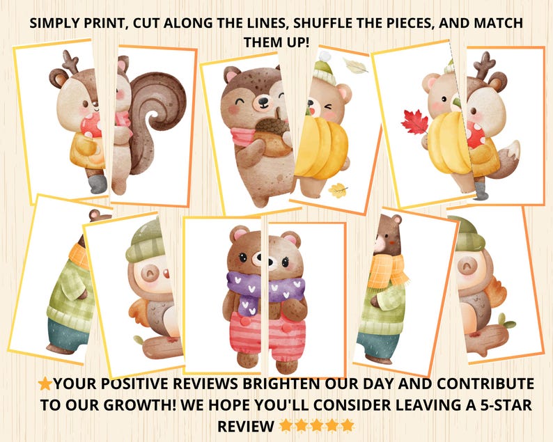 Autumn Animals Matching Game,fall Preschool Activity,matching Game for ...