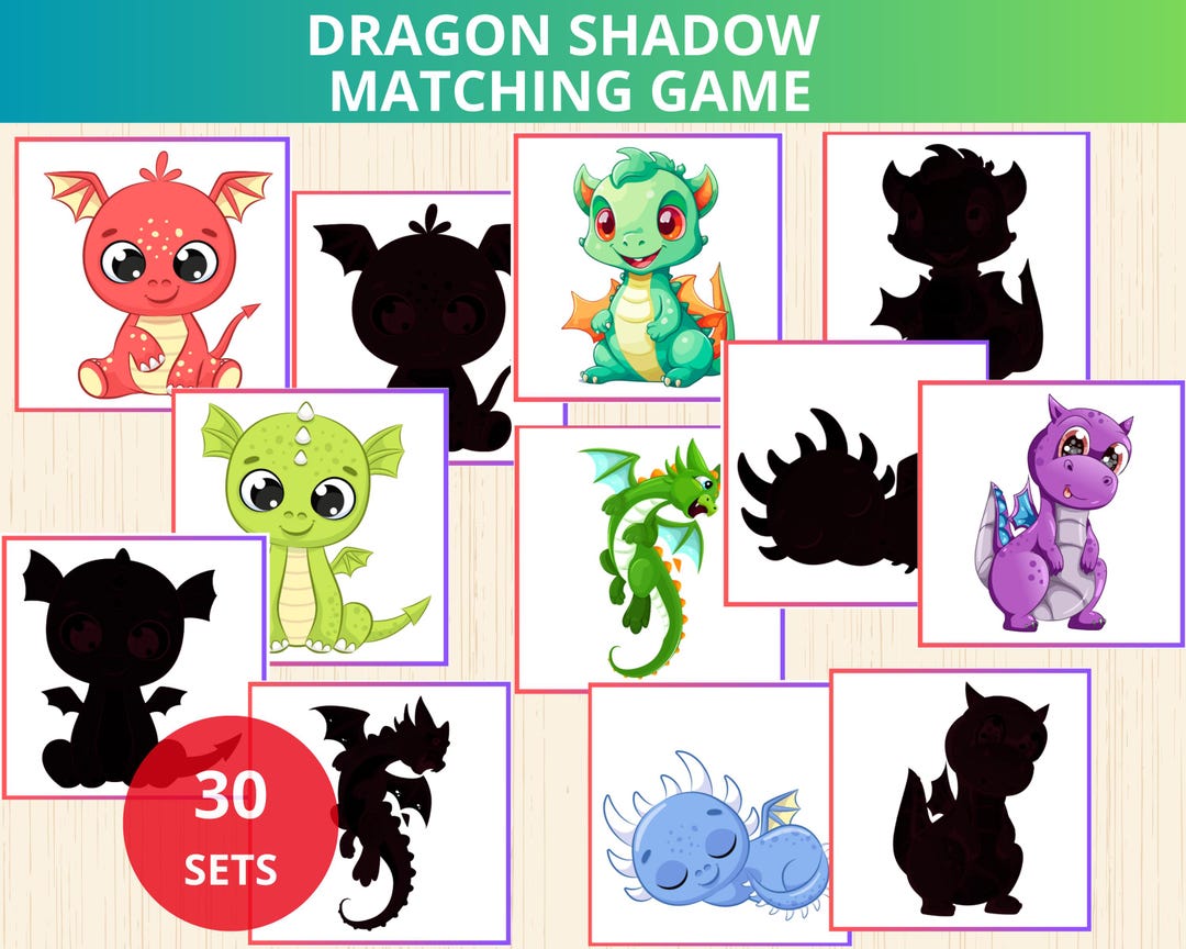 Dragon Shadow Matching Cards,cute Dragon Birthday,baby Dragon Puzzle ...